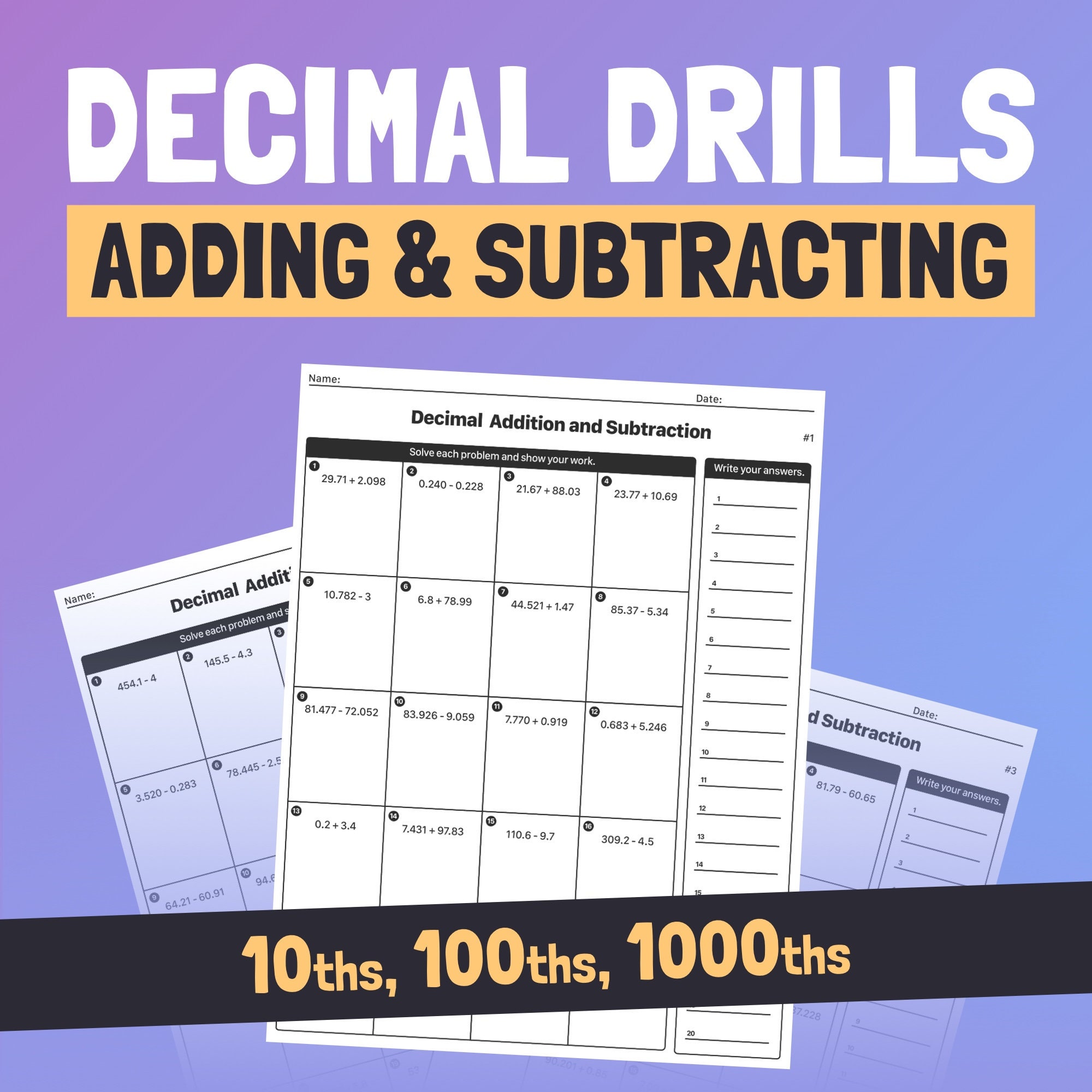 Subtracting & Adding Decimals Drills | Decimal Worksheets – Tenths ...