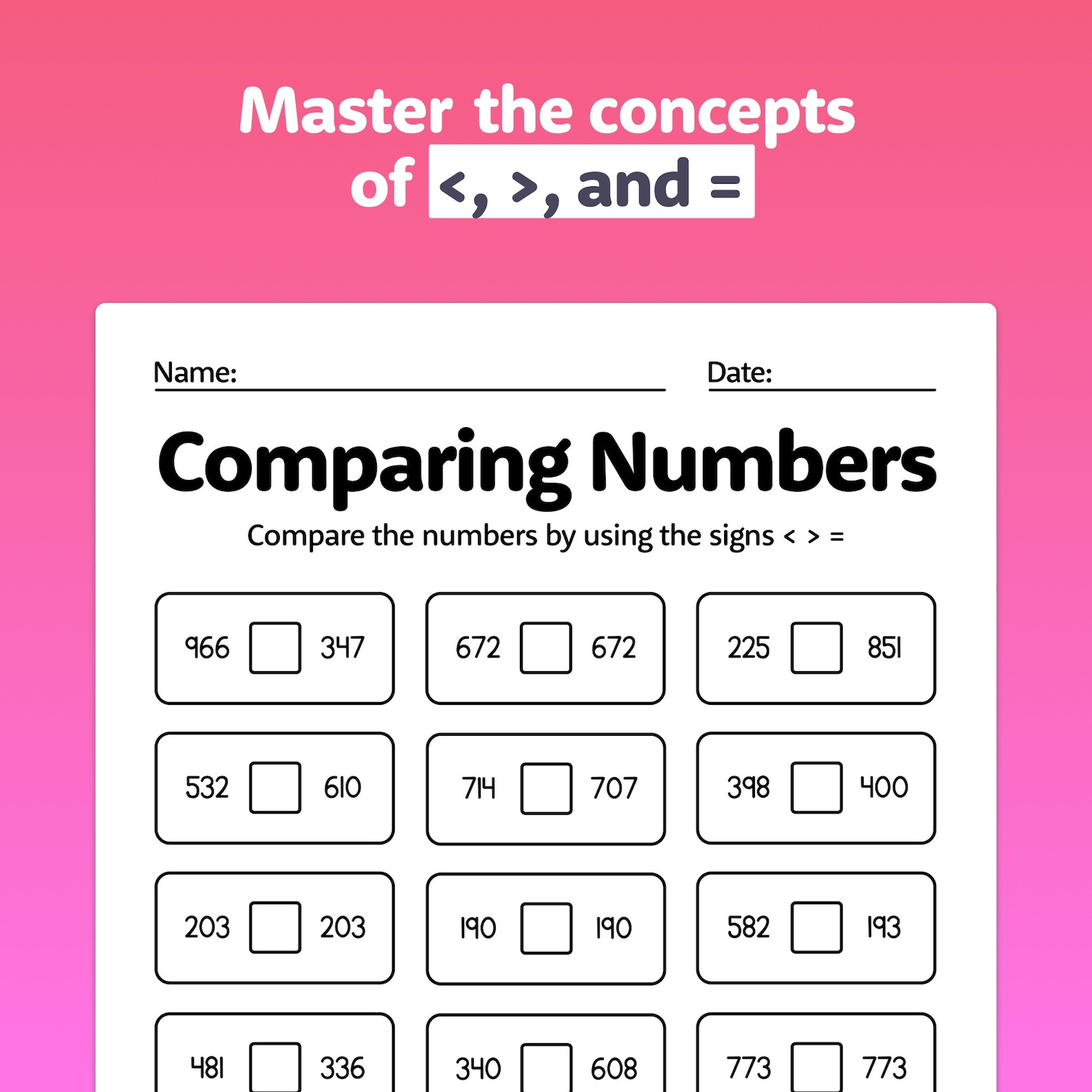 Comparing 3 Digit Numbers Worksheets | 2nd Grade Comparing Numbers ...