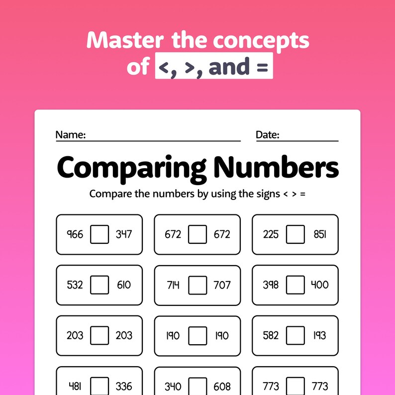 Comparing 3 Digit Numbers Worksheets | 2nd Grade Comparing Numbers ...