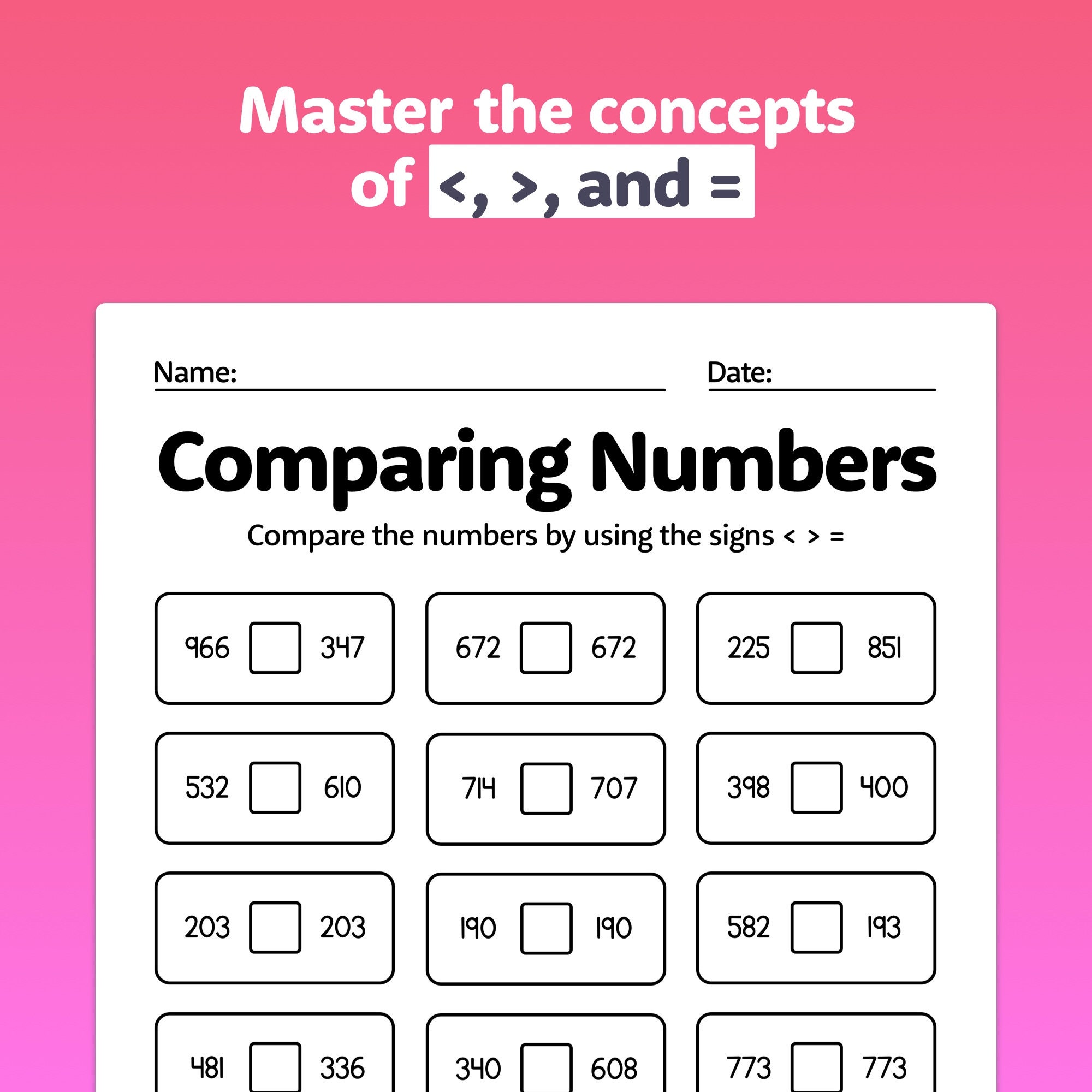 Comparing 3 Digit Numbers Worksheets | 2nd Grade Comparing Numbers ...