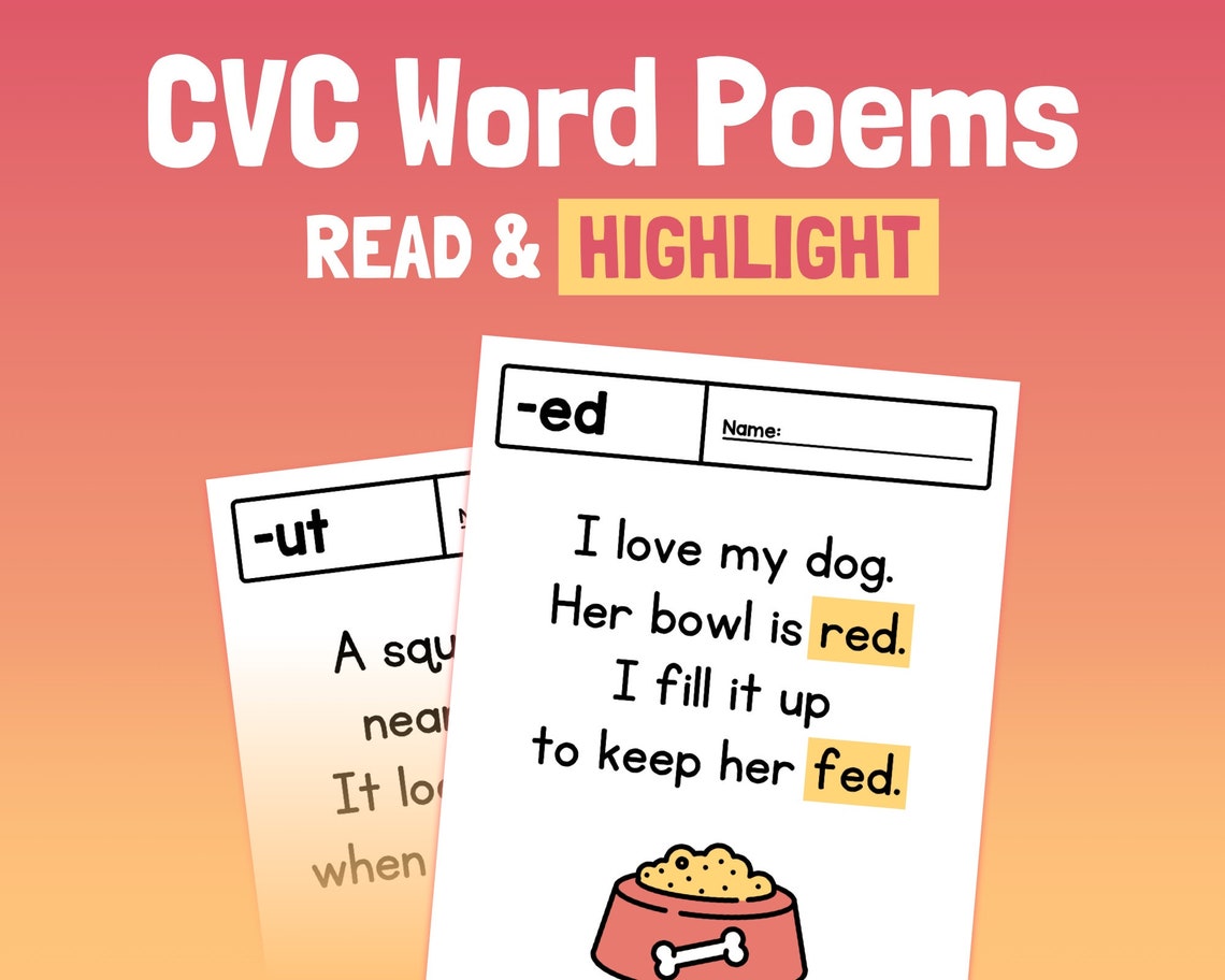 CVC Words Poems ELA Kindergarten & 1st Grade Phonics Poems - Etsy