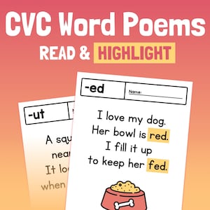 CVC Words Poems ELA Kindergarten & 1st Grade Phonics Poems - Etsy