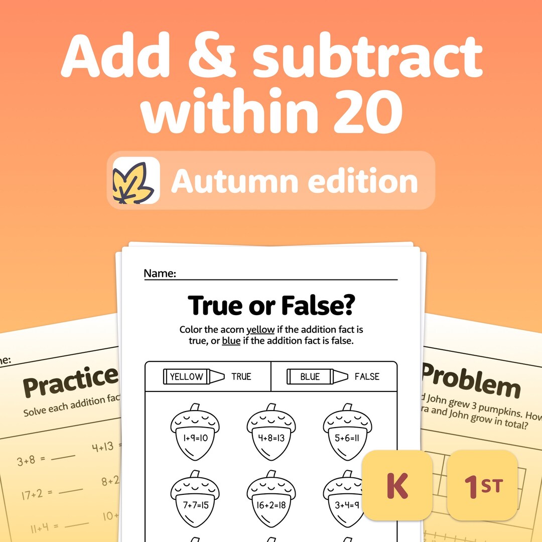 Autumn Addition & Subtraction Within 20 Worksheets | Kindergarten + 1st ...