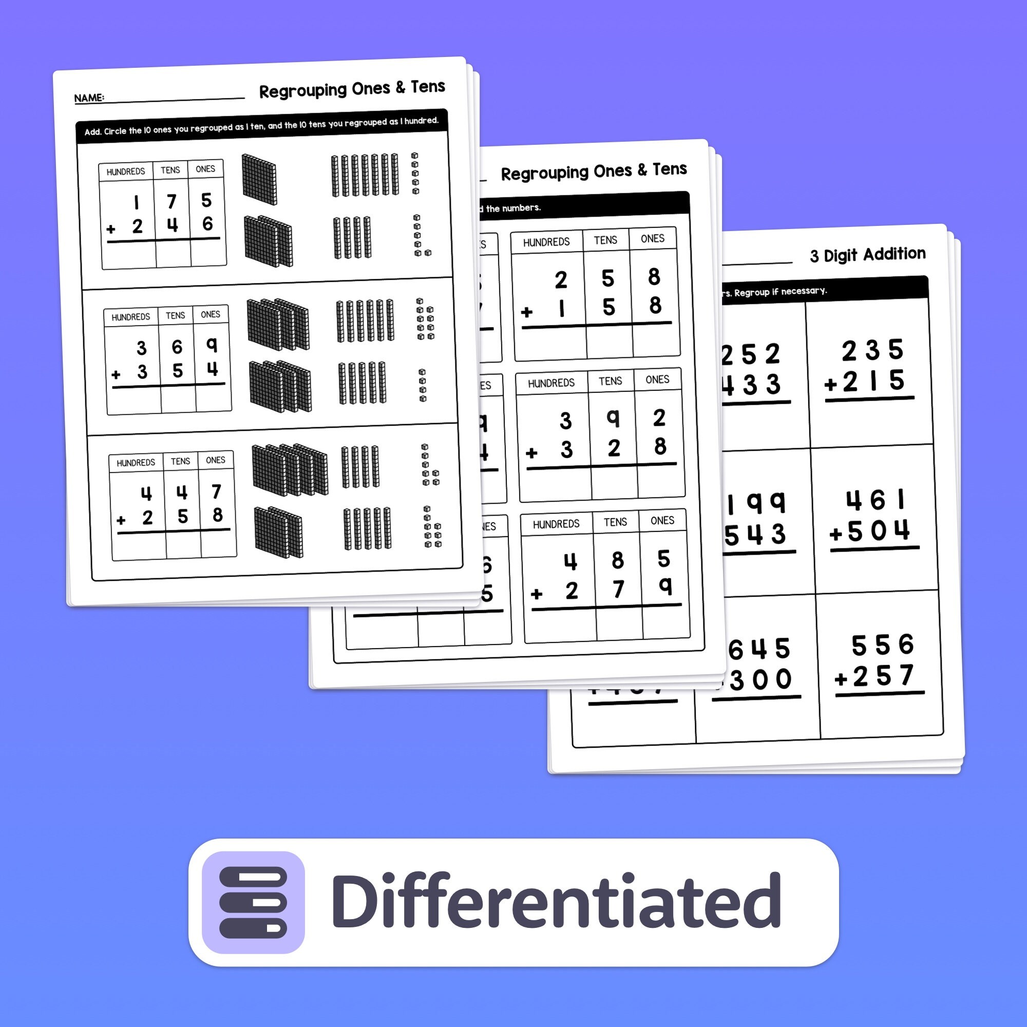 No Prep 3 Digit Addition With Regrouping Worksheets 2nd, 3rd Grade ...