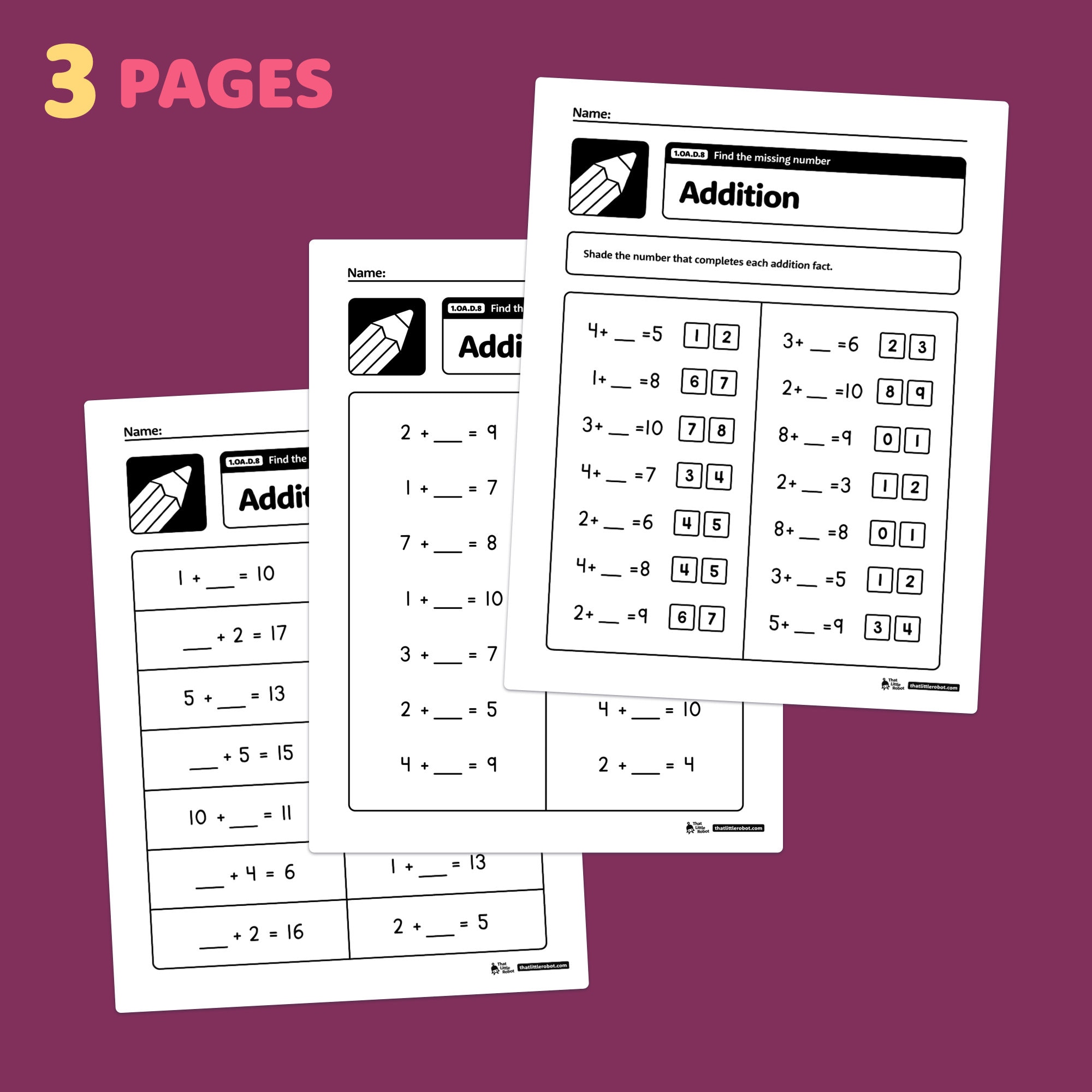 1st Grade Missing Numbers in Equations Worksheets | 1.OA.D.8 No Prep ...