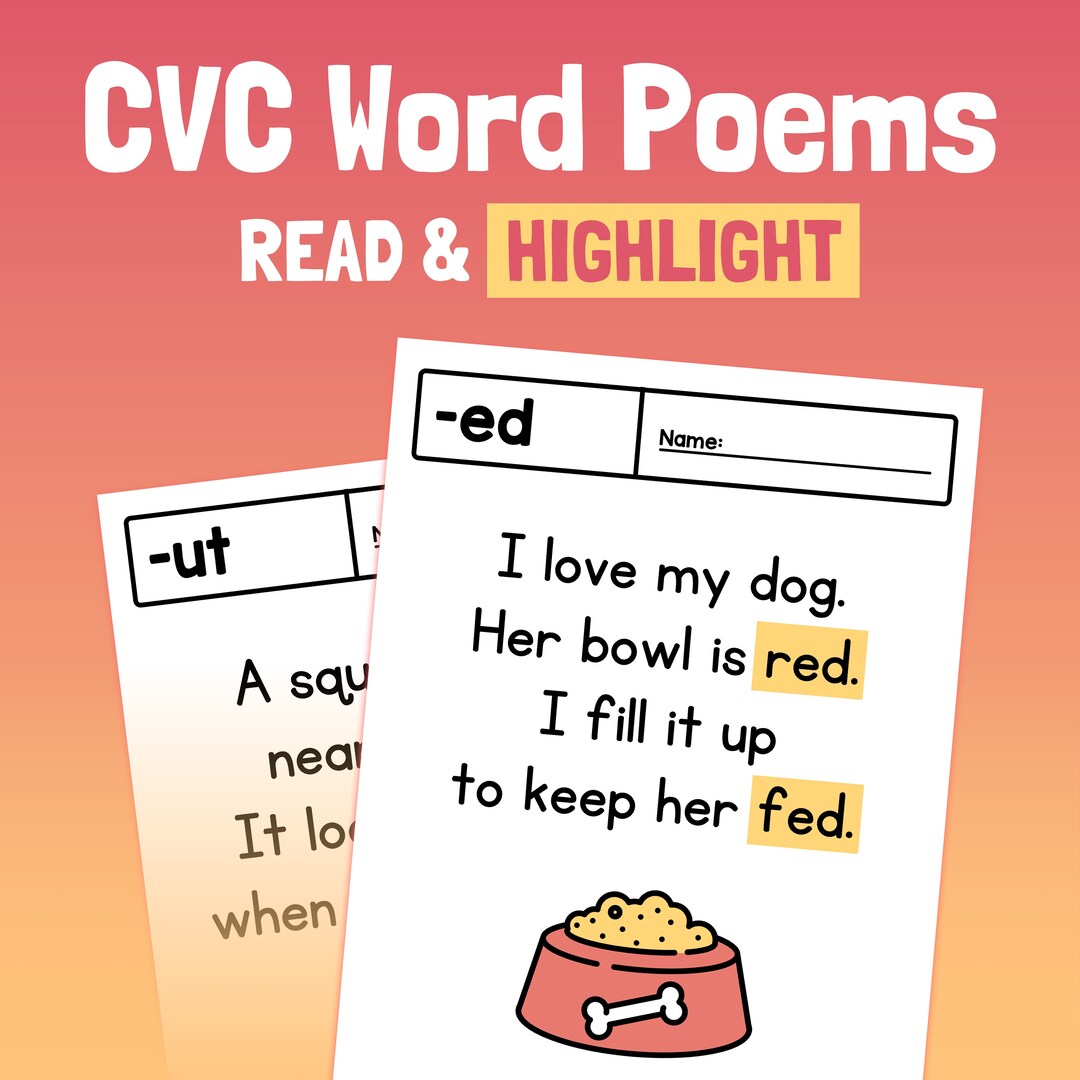 CVC Words Poems | ELA Kindergarten & 1st Grade Phonics Poems, Shared ...