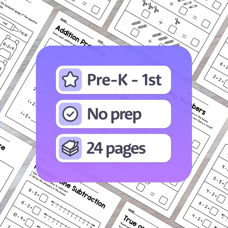 No Prep Kindergarten Addition & Subtraction Worksheets (up to 10 ...