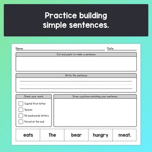 Sentence Building Printable | Kindergarten & 1st Grade Cut and Paste ...