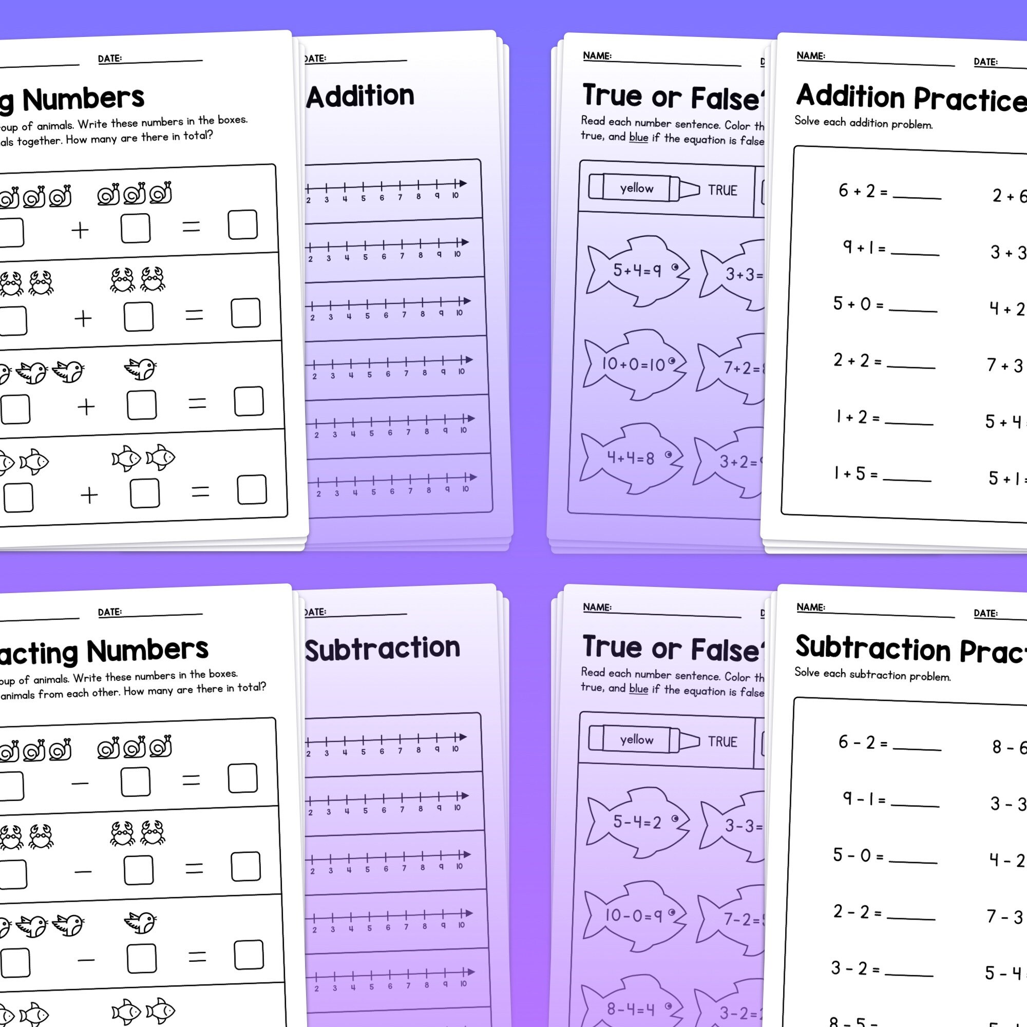 No Prep Kindergarten Addition & Subtraction Worksheets (up to 10 ...