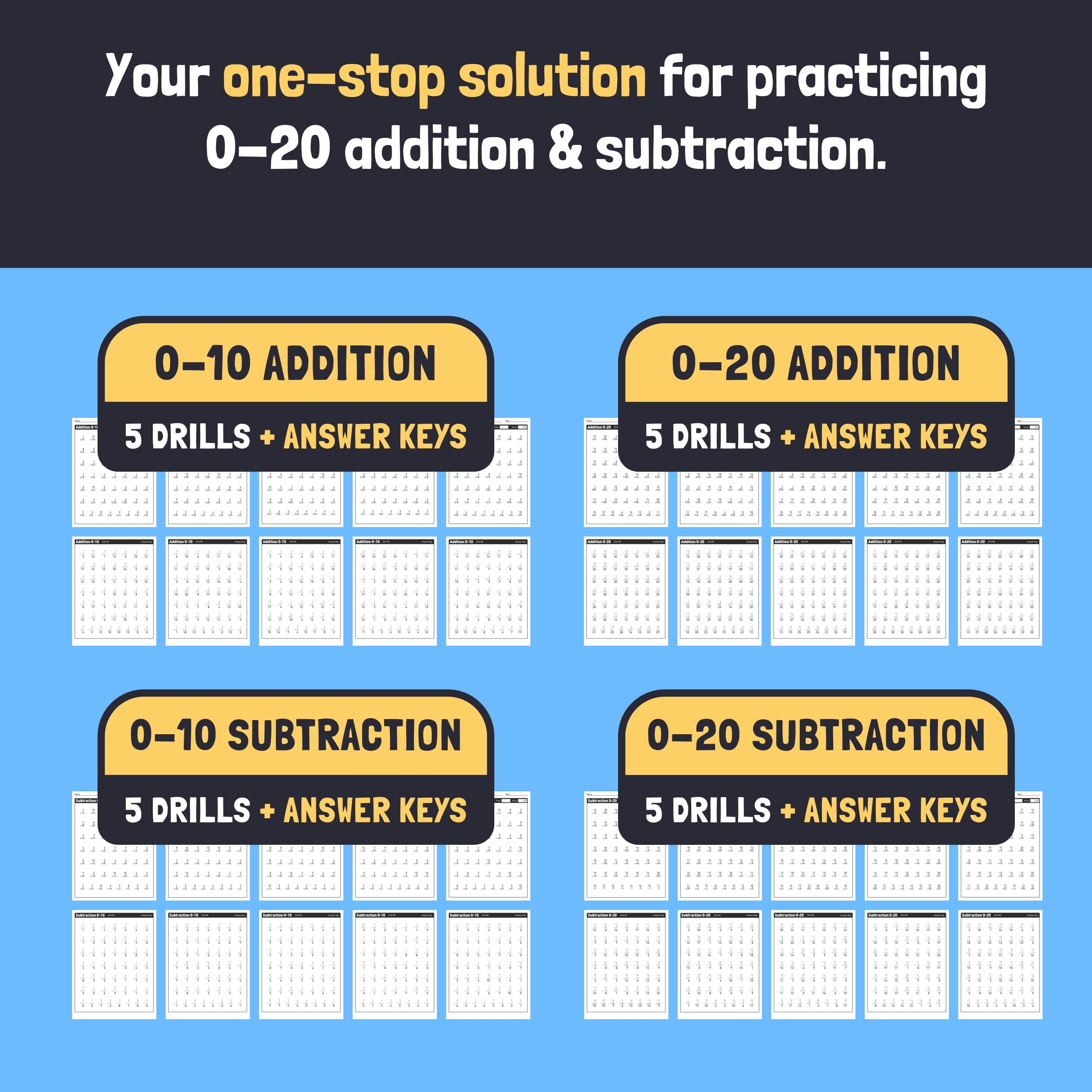 Addition & Subtraction Worksheet Drills – Kinder, 1st, 2nd Grade ...