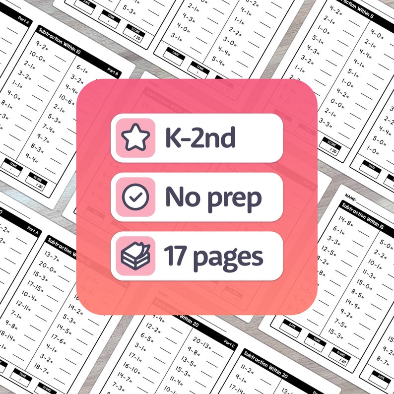 No Prep 1 Minute Subtraction Drills | Kindergarten, 1st, 2nd Grade Math ...