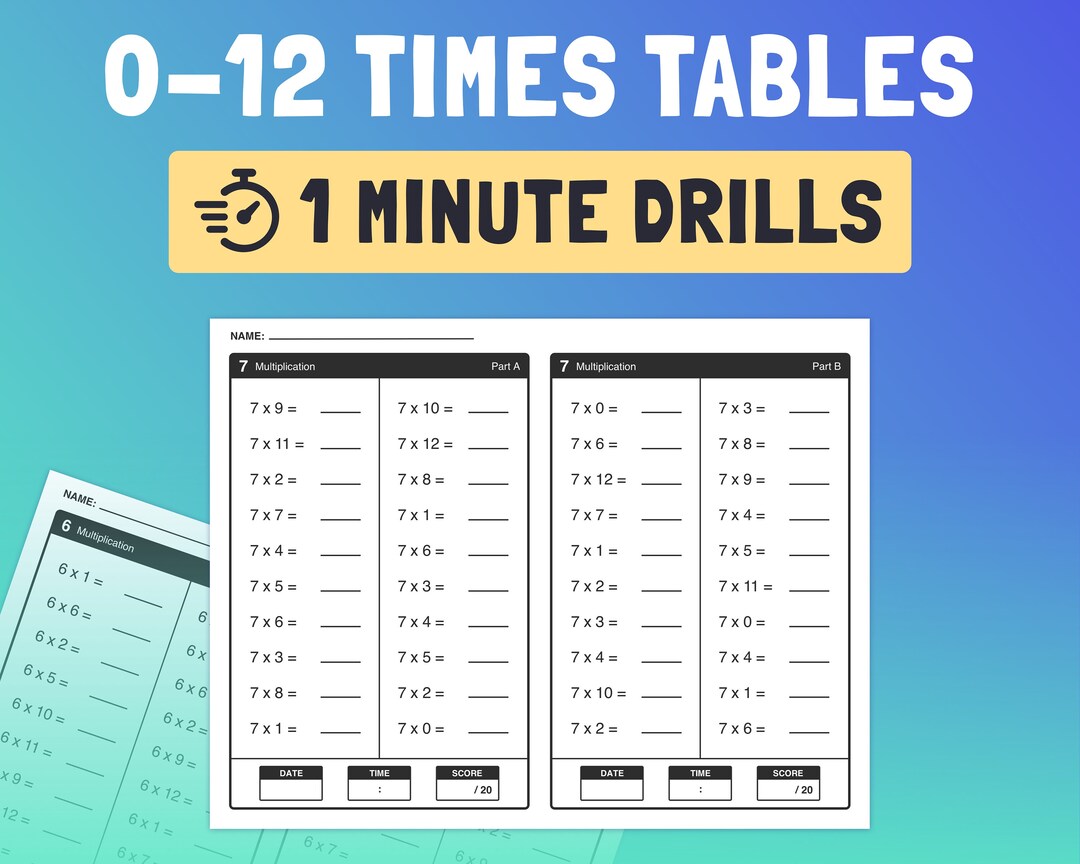 1 Minute Multiplication Drills 0-12 Times Tables - Etsy