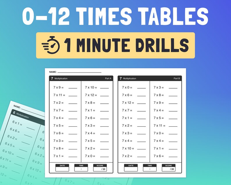 1 Minute Multiplication Drills 0-12 Times Tables - Etsy