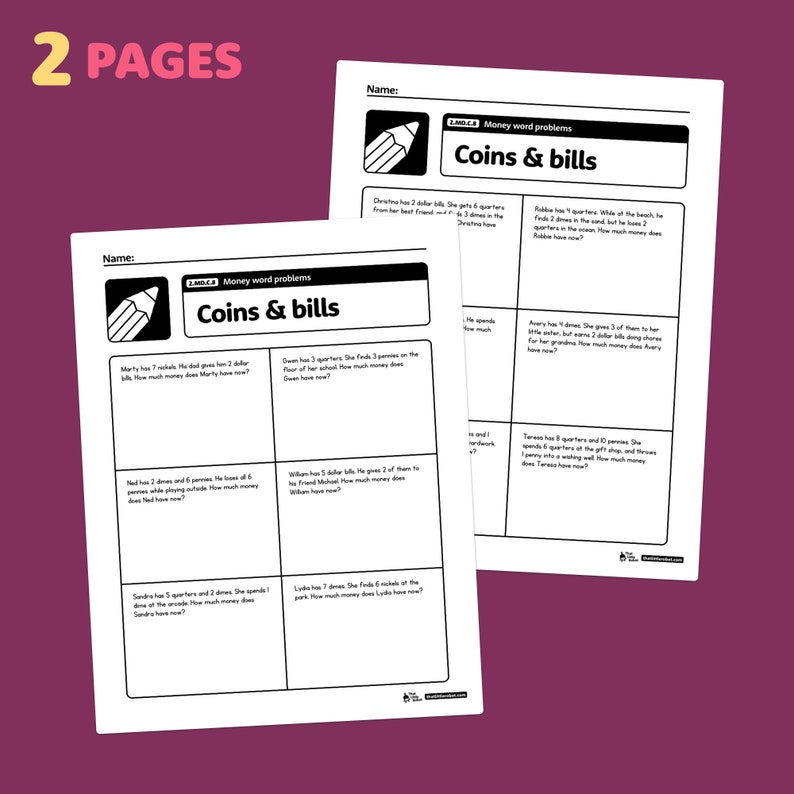 Money Word Problems Worksheets | 2nd Grade Math Centers and Counting ...