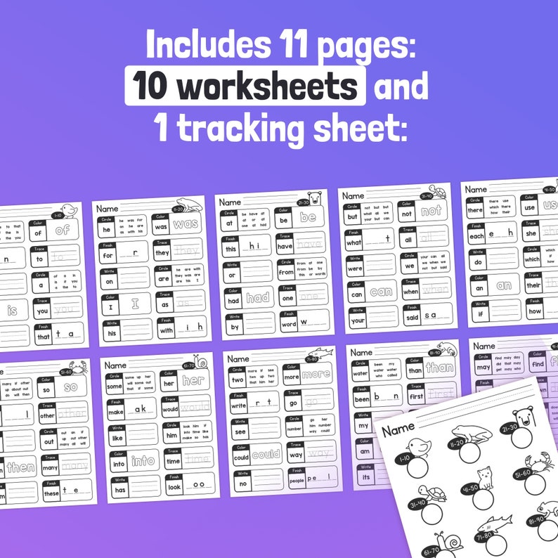 First 100 Sight Words Worksheets Sight Word Fluency - Etsy