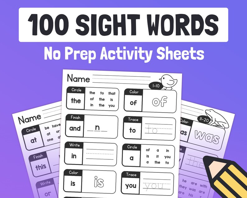 First 100 Sight Words Worksheets Sight Word Fluency - Etsy