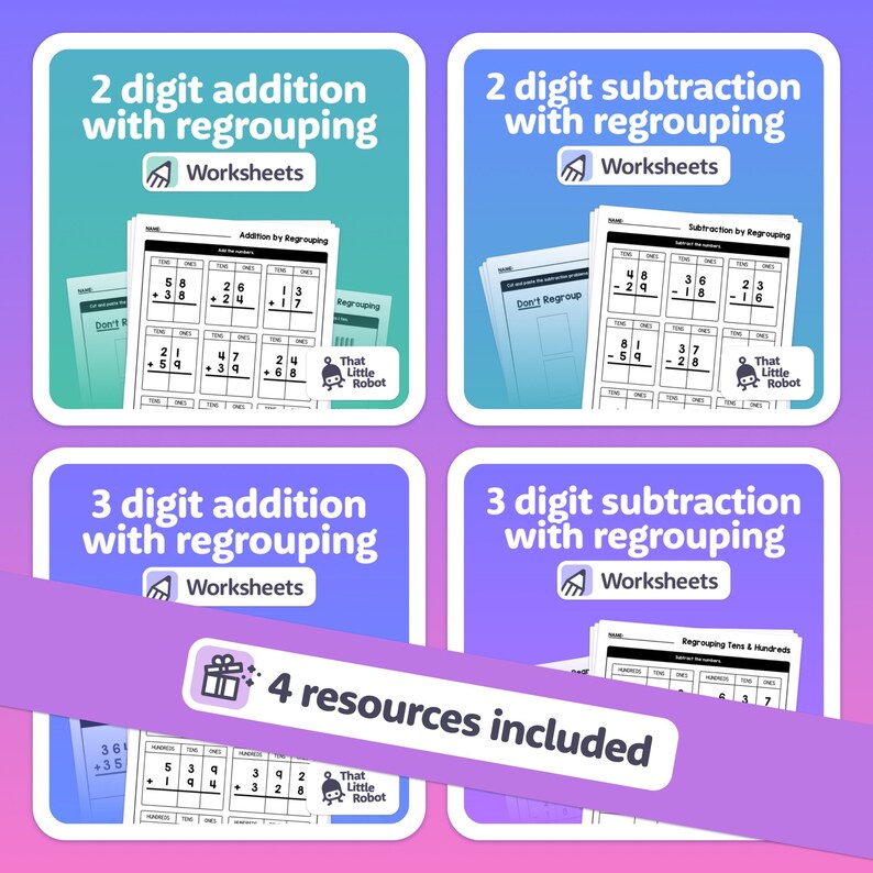 No Prep Addition With Regrouping & Subtraction With Regrouping Bundle ...