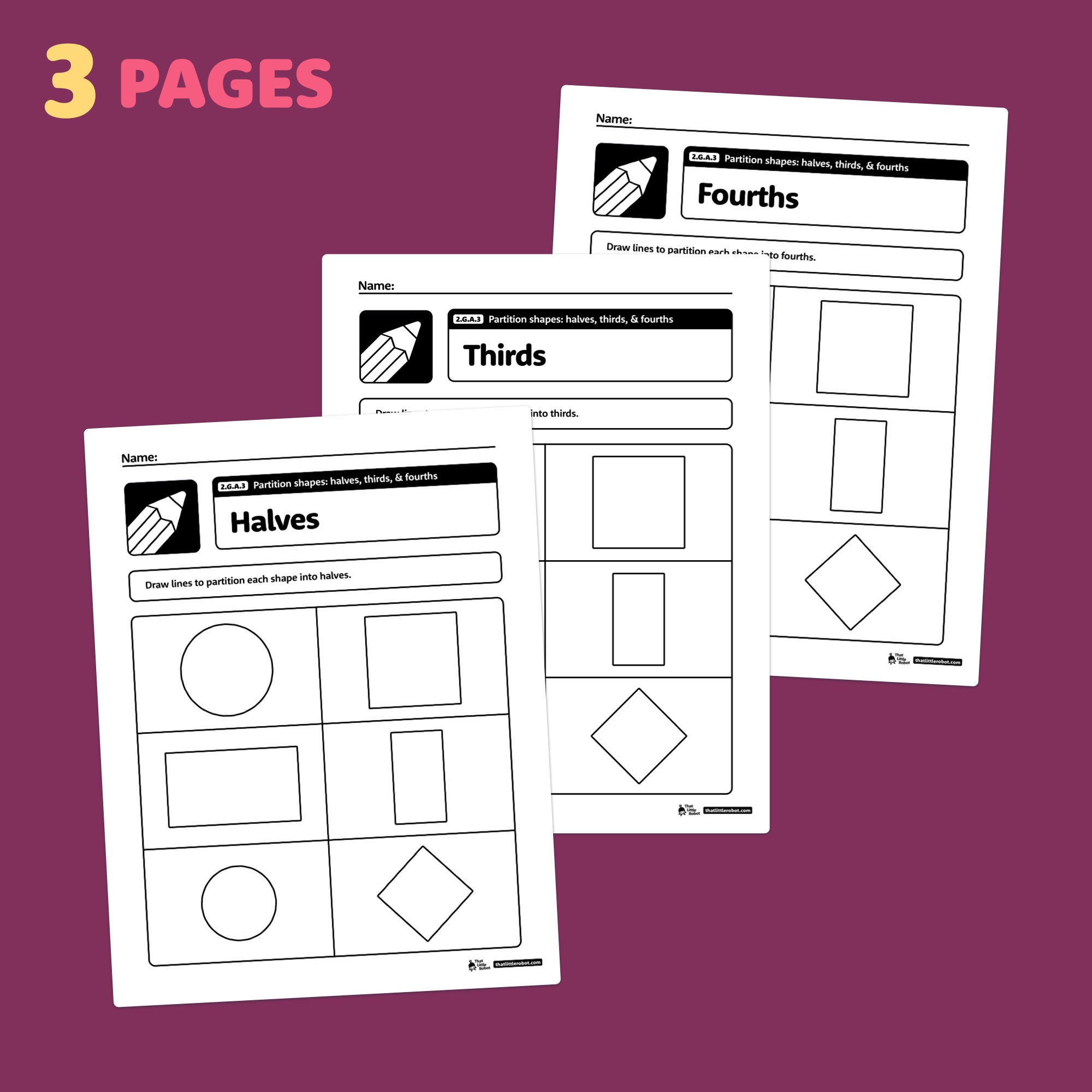 Partition Shapes: Halves Thirds Fourths Worksheets | 2nd Grade Math ...