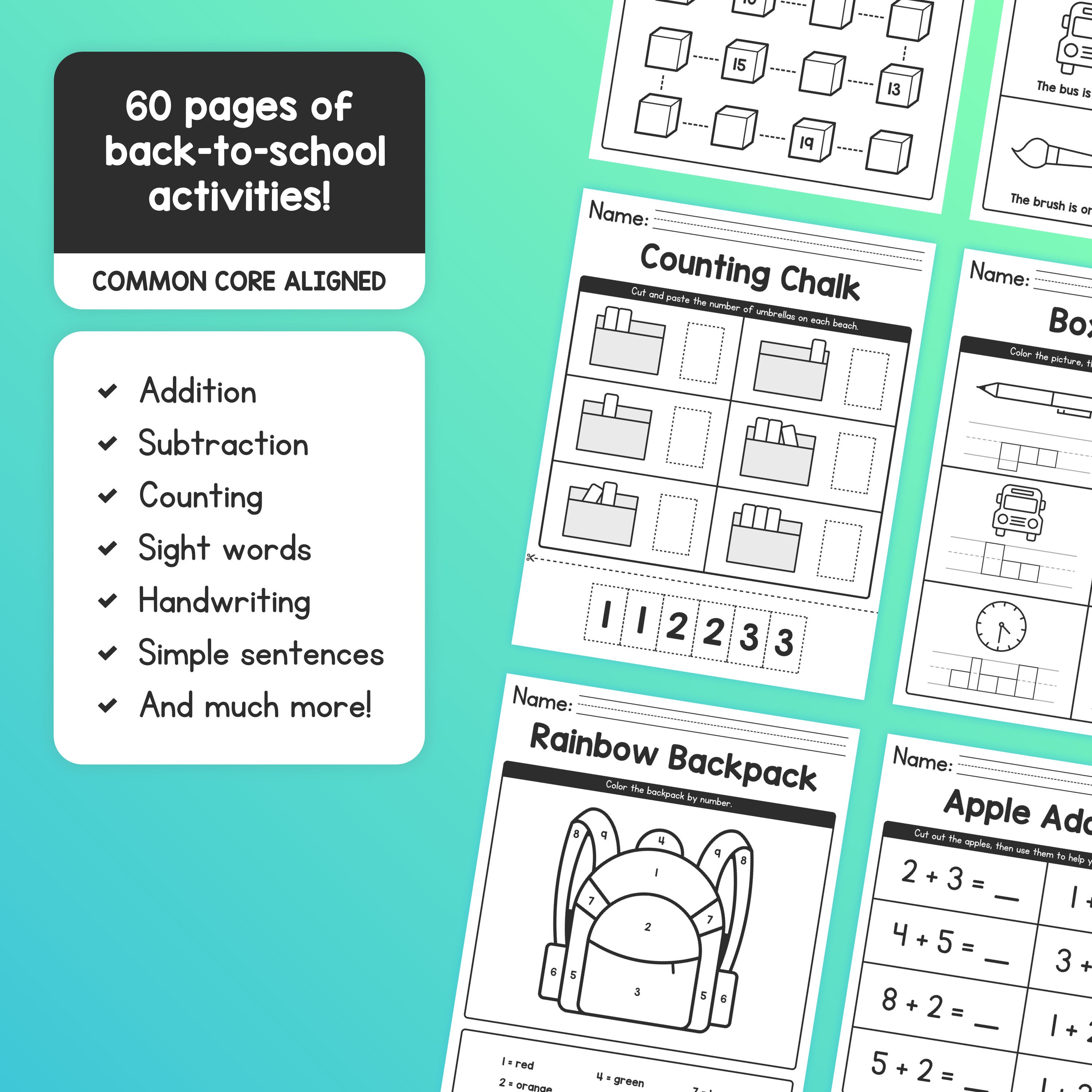 Back to School Literacy & Math Worksheets Pre K, Kinder, 1st Grade ...