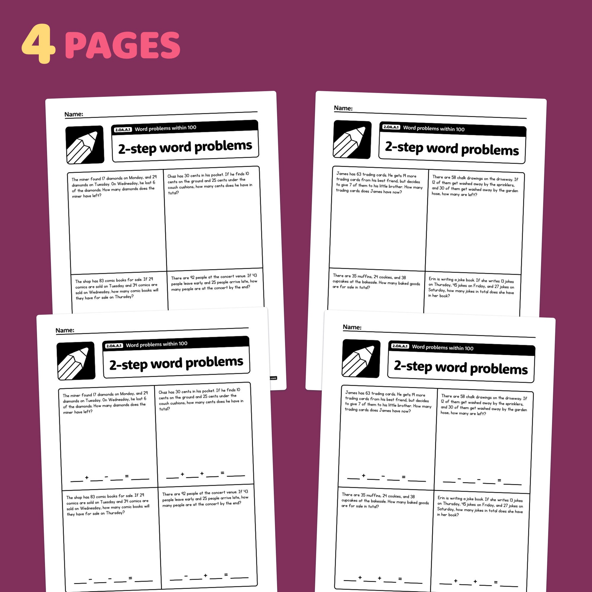 Addition & Subtraction Word Problems Within 100 Worksheets | 2nd Grade ...