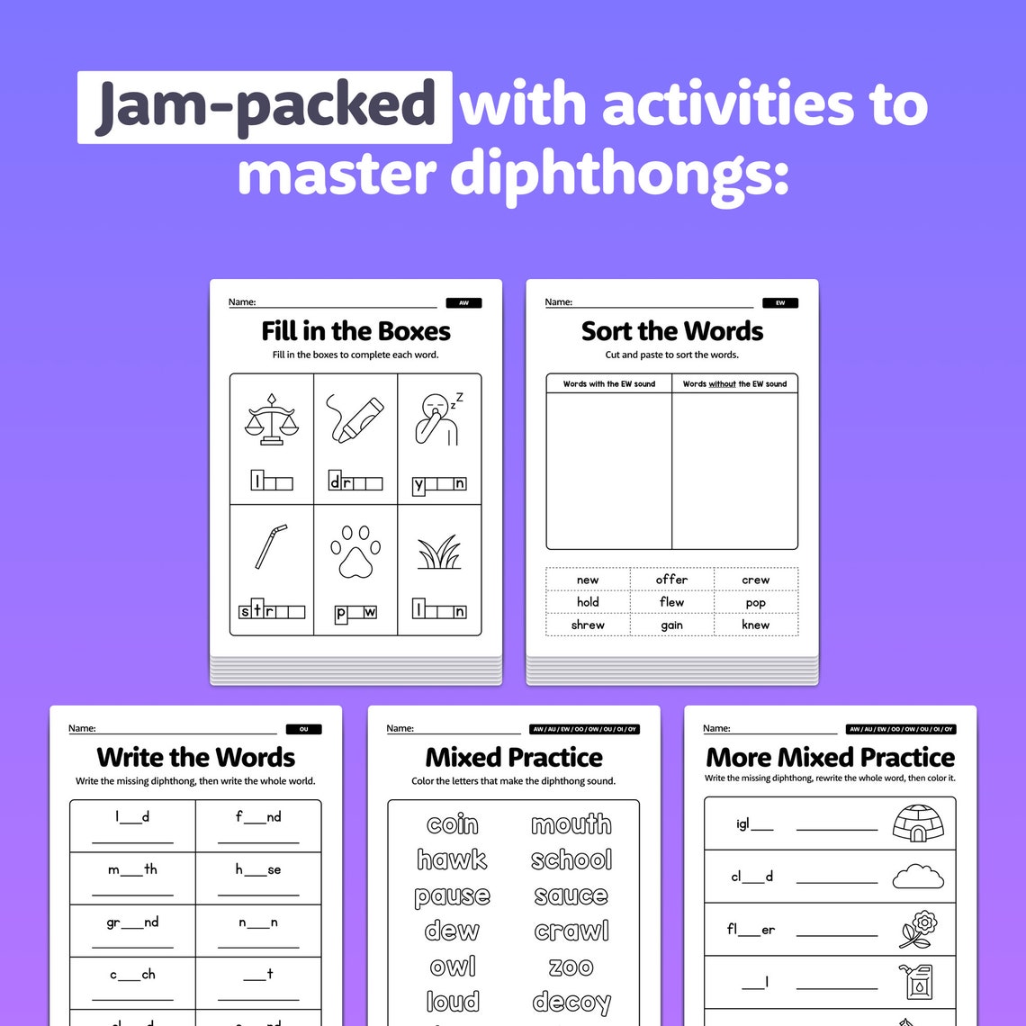 Diphthong Worksheets No Prep 1st & 2nd Grade Diphthongs Activities ...