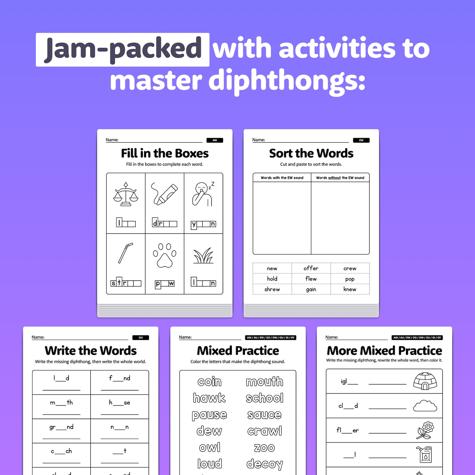 Diphthong Worksheets | No Prep 1st & 2nd Grade Diphthongs Activities ...