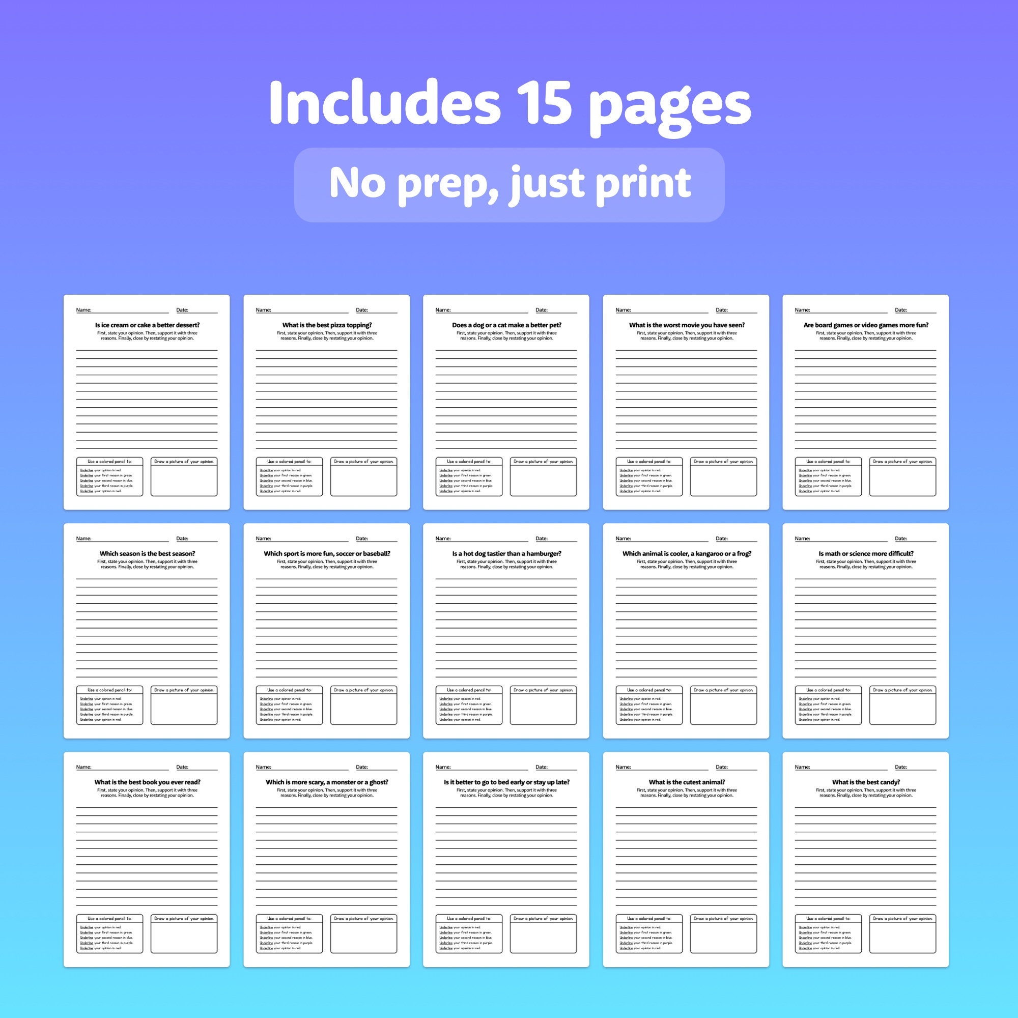 No Prep Opinion Writing Prompts | 2nd Grade Opinion Writing Activity ...