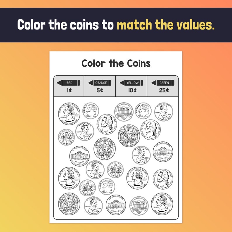 Coloring Coins Worksheets | Kindergarten & 1st Grade US Coin ...