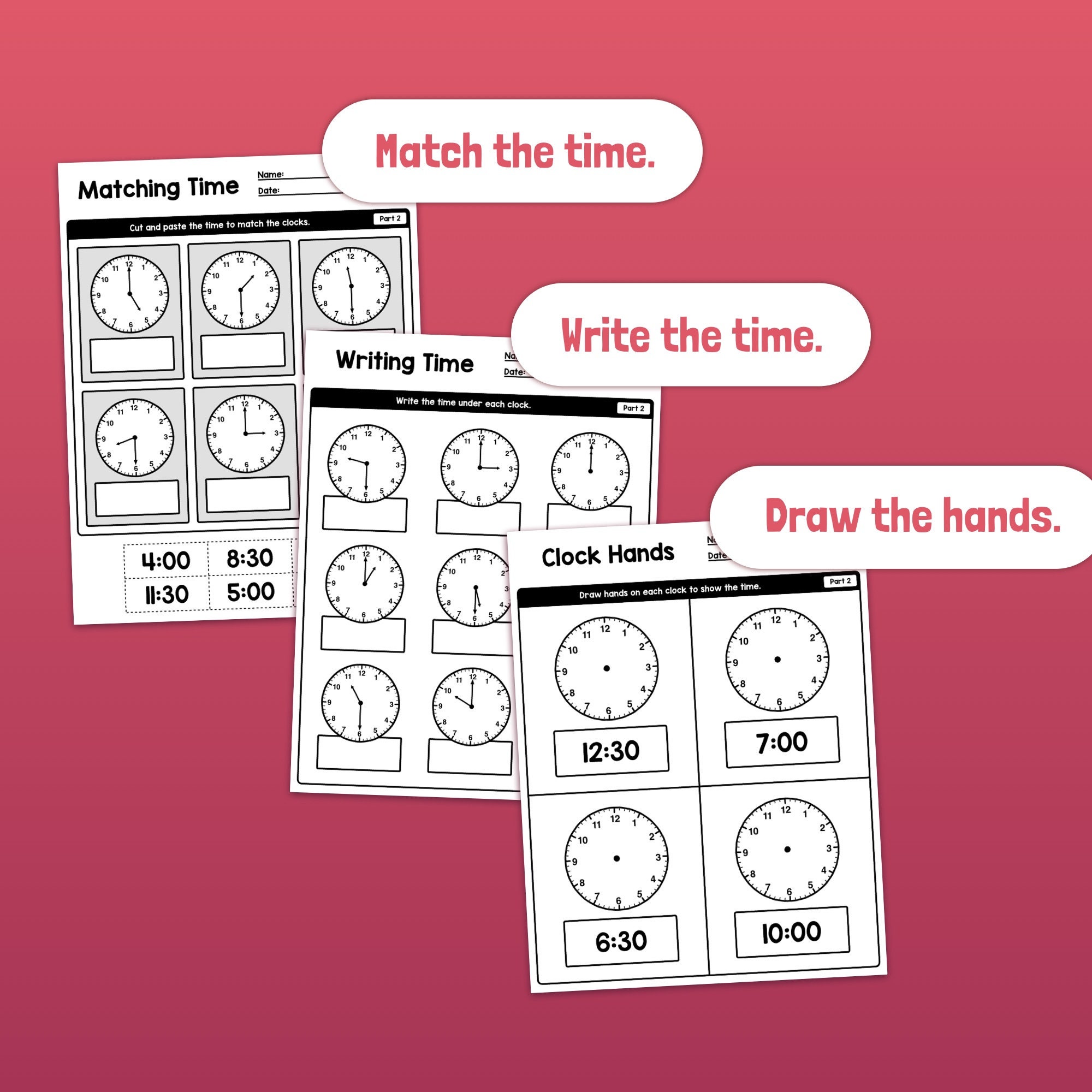 Telling Time to the Hour & Half Hour Worksheets | 1st, 2nd, 3rd Grade ...