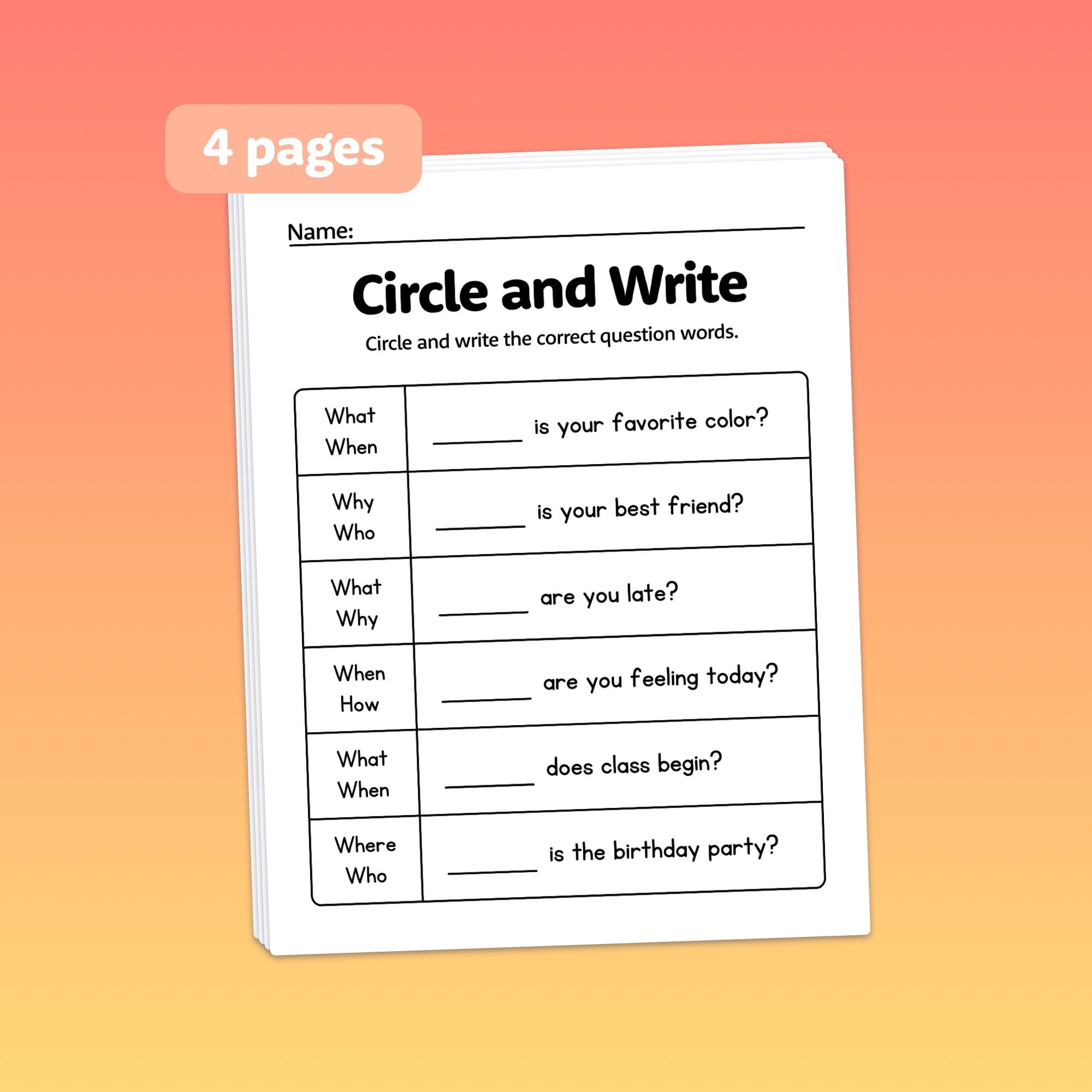 No Prep Question Words Worksheets | Kindergarten, 1st, & 2nd Grade ...