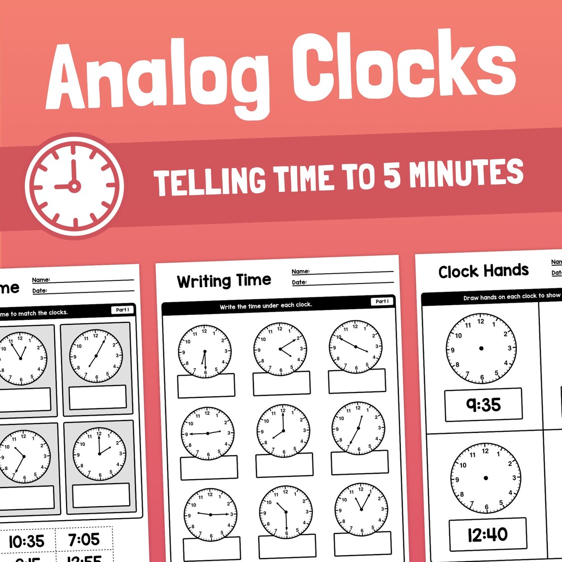 Telling Time to 5 Minutes Worksheets | 1st, 2nd, 3rd Grade Reading ...