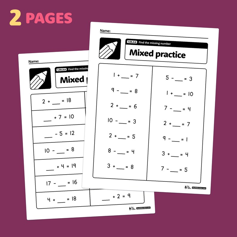 1st Grade Missing Numbers in Equations Worksheets | 1.OA.D.8 No Prep ...