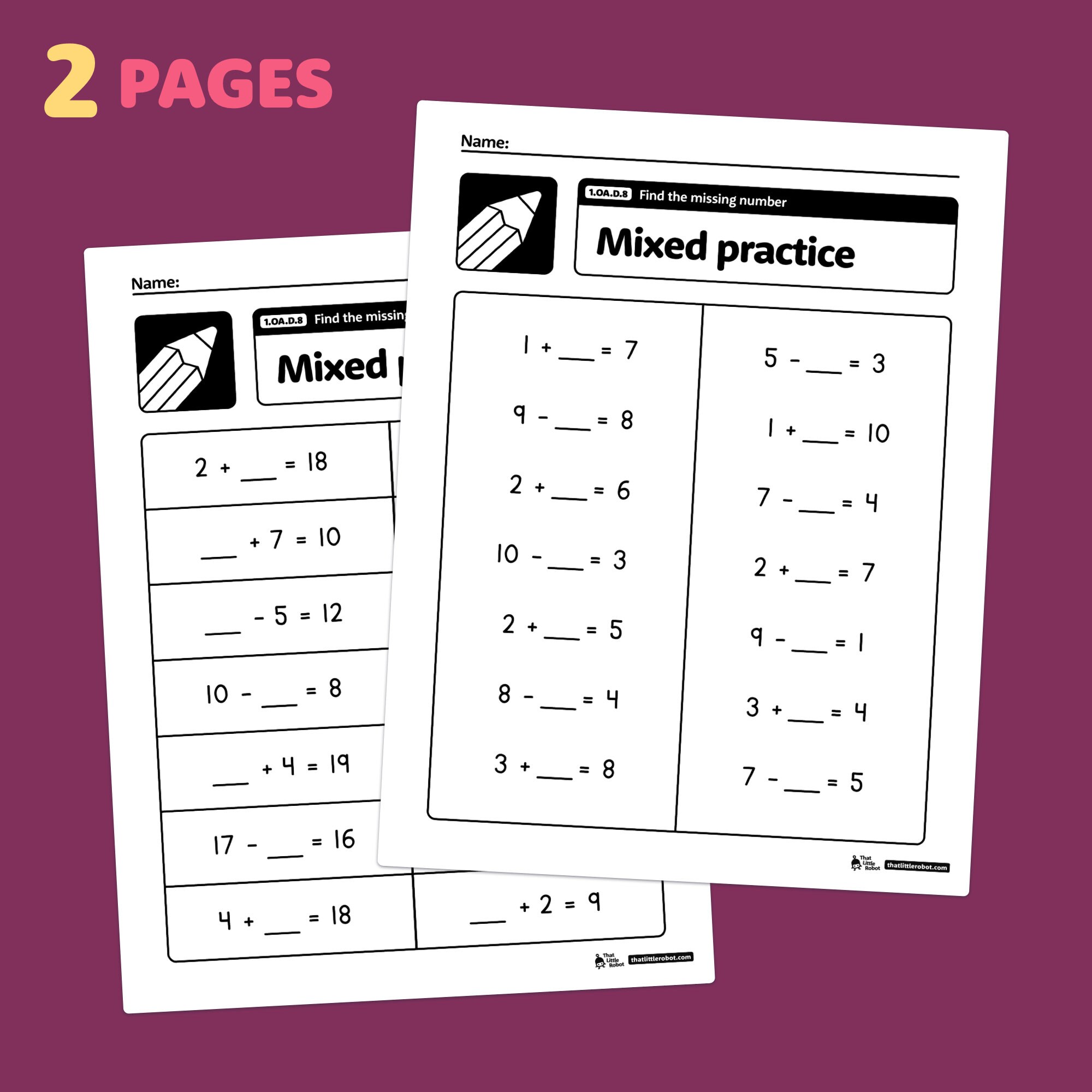 1st Grade Missing Numbers in Equations Worksheets | 1.OA.D.8 No Prep ...