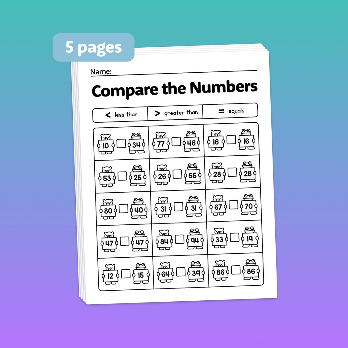 Comparing 2 Digit Numbers Worksheets Greater Than, Less Than, & Equal ...