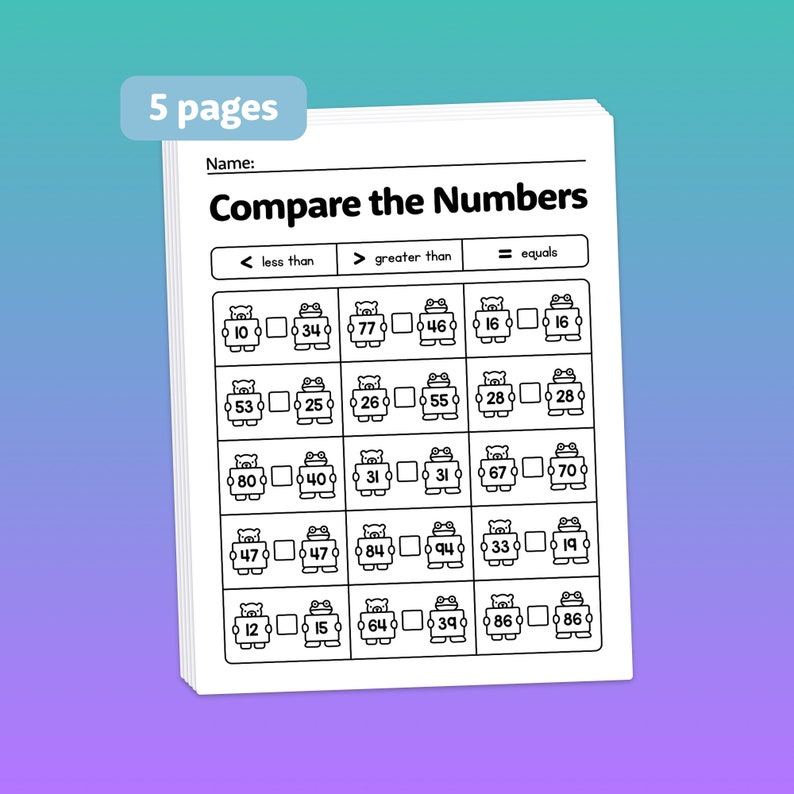 Comparing 2 Digit Numbers Worksheets Greater Than, Less Than, & Equal ...