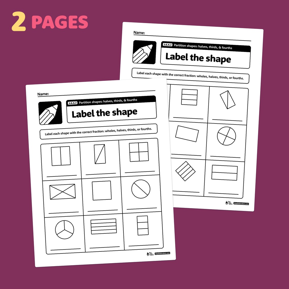Partition Shapes: Halves Thirds Fourths Worksheets | 2nd Grade Math ...