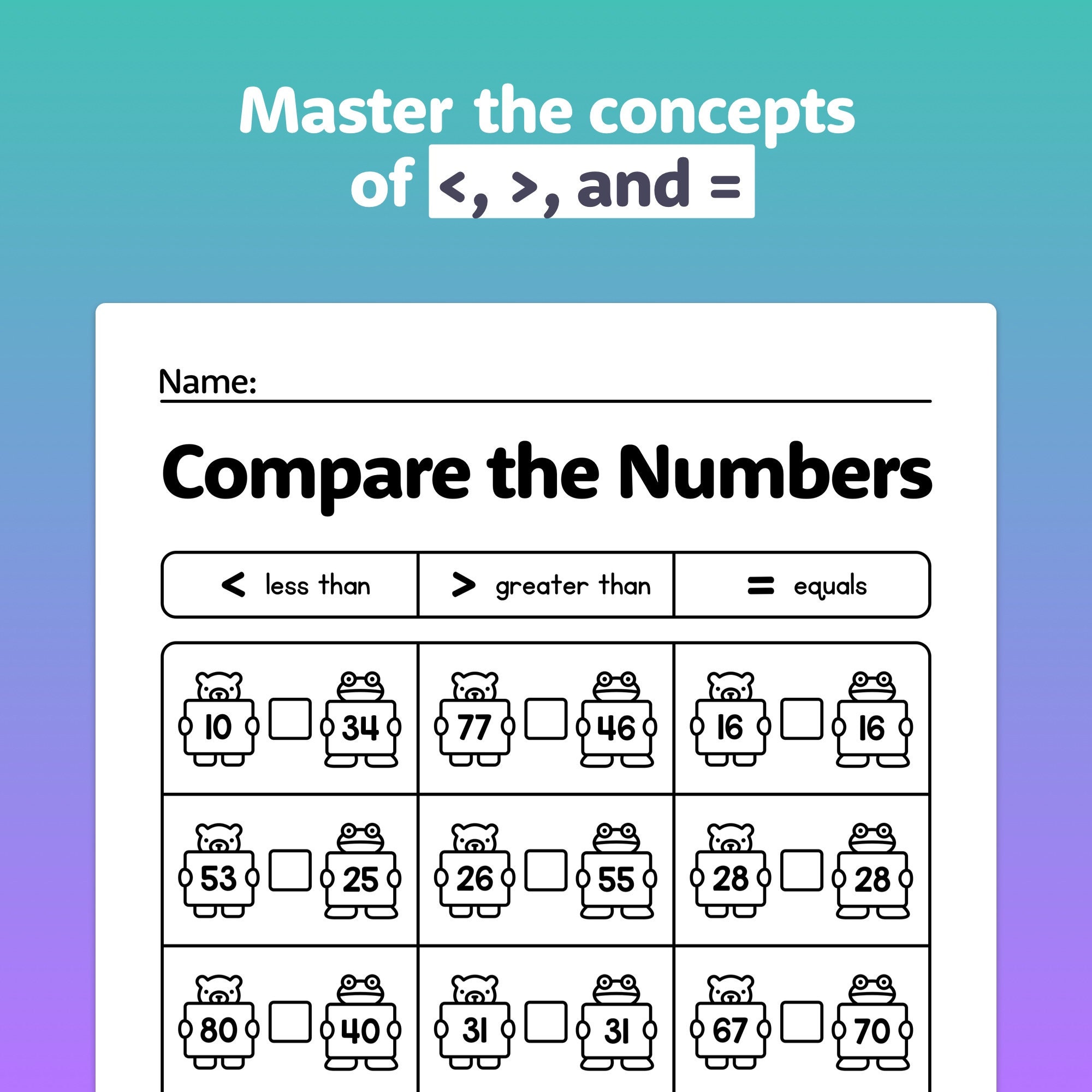 Comparing 2 Digit Numbers Worksheets | Greater Than, Less Than, & Equal ...
