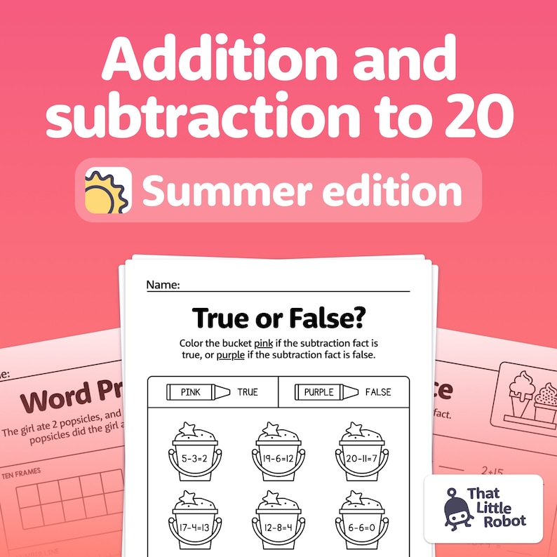 Summer Addition & Subtraction Within 20 Worksheets | Fun 1st Grade ...