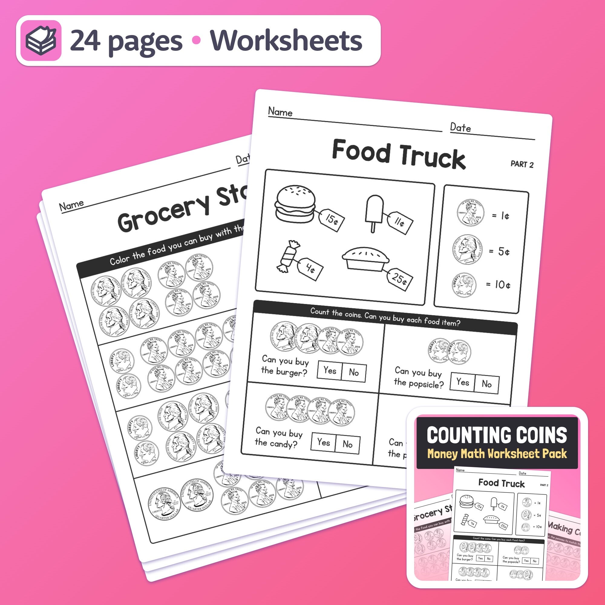 Money Math Bundle Kindergarten, 1st, 2nd Grade US Coin Worksheets ...
