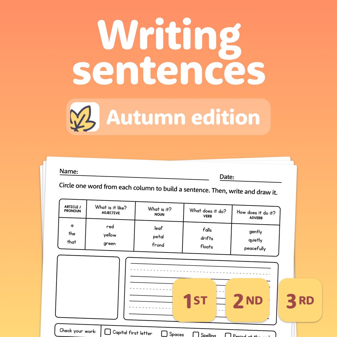 Autumn Writing Sentence Worksheets | 1st, 2nd, 3rd | Nouns, Verbs ...