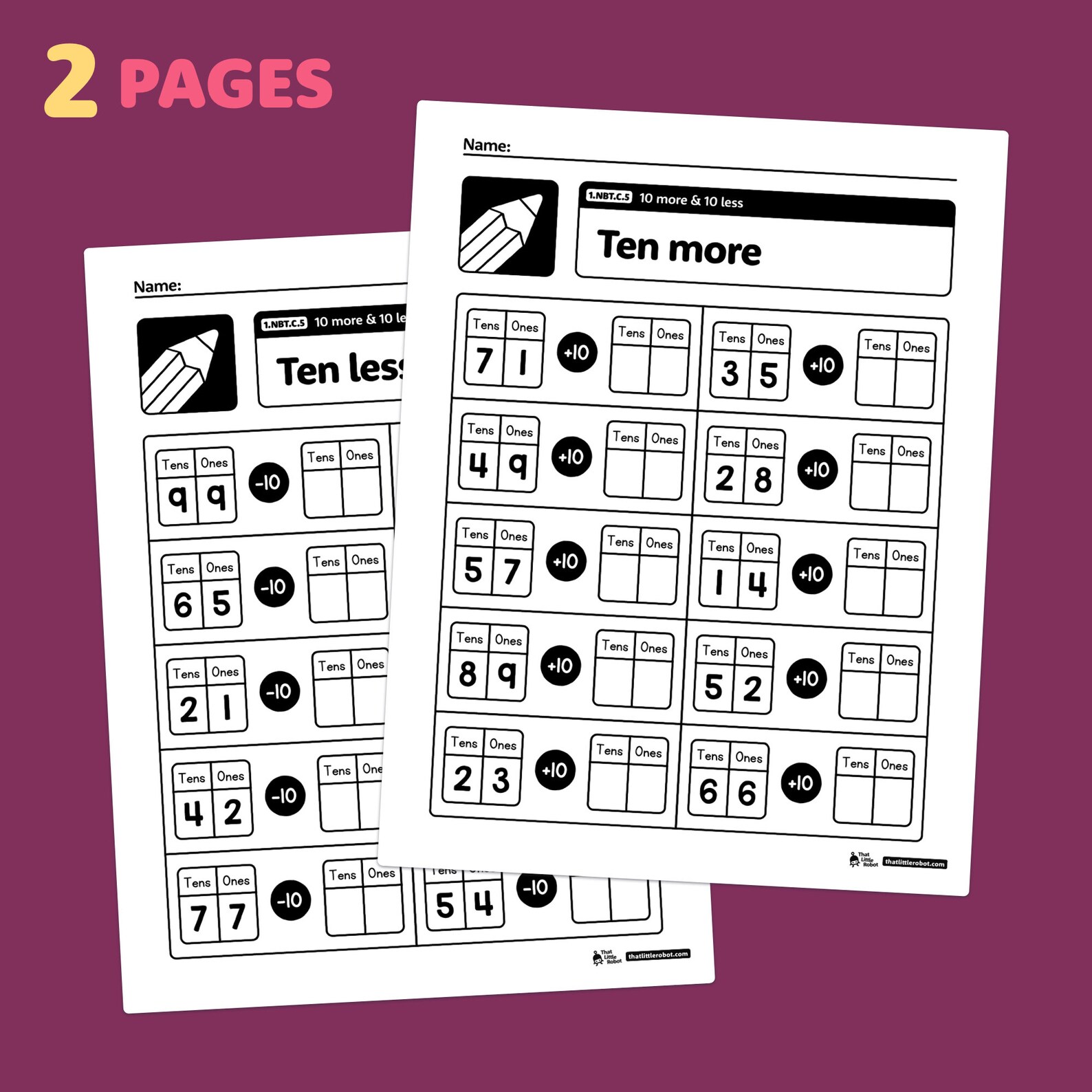10 More and 10 Less Worksheets | 1st Grade Place Value Math, Mentally ...