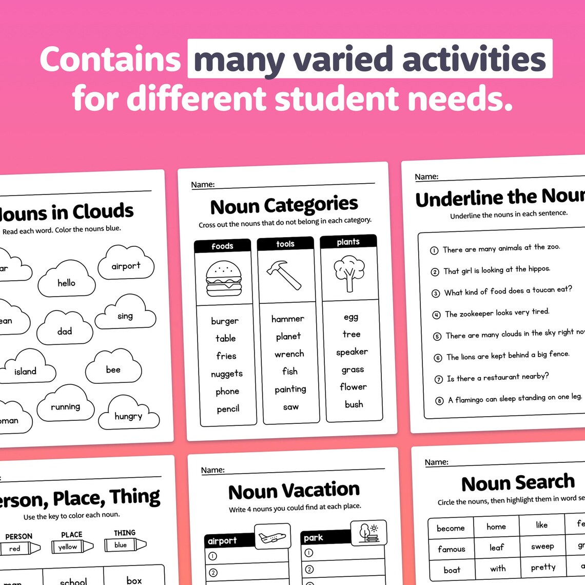 Common Nouns Worksheets Person, Place, Thing 1st Grade Noun Activities ...