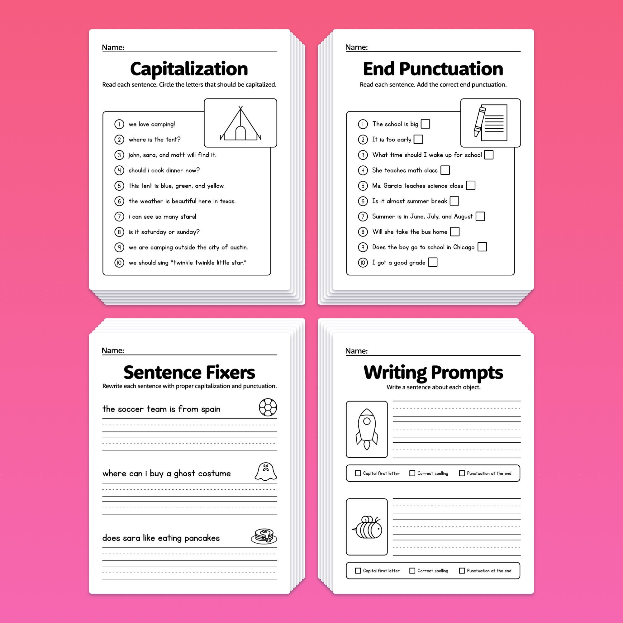 Capitalization & End Punctuation Worksheets | No Prep 1st and 2nd Grade ...