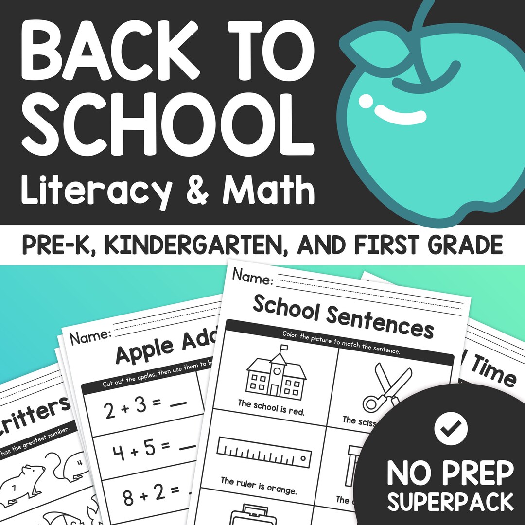 Back to School Literacy & Math Worksheets | Pre K, Kinder, 1st Grade ...