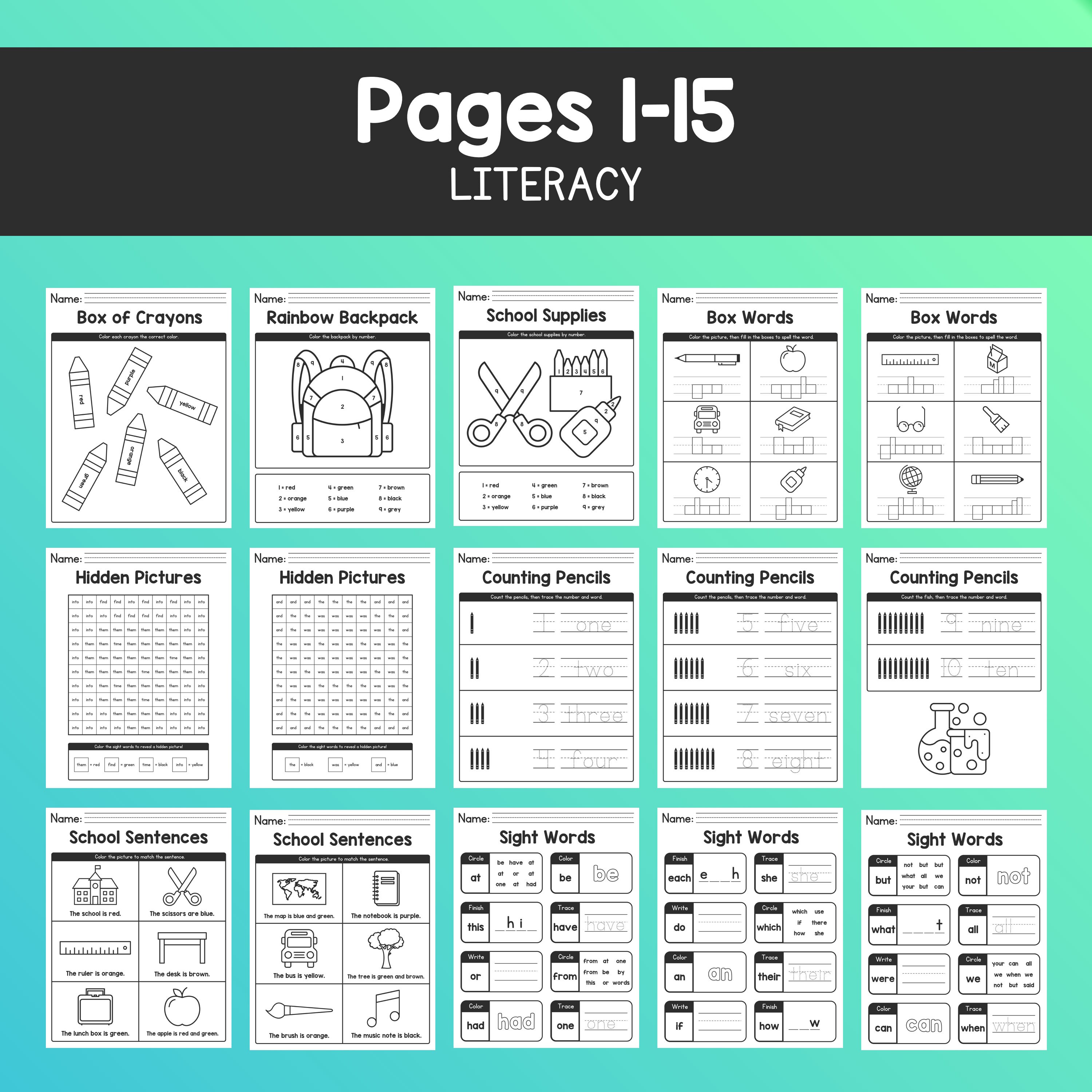 Back to School Literacy & Math Worksheets Pre K, Kinder, 1st Grade ...