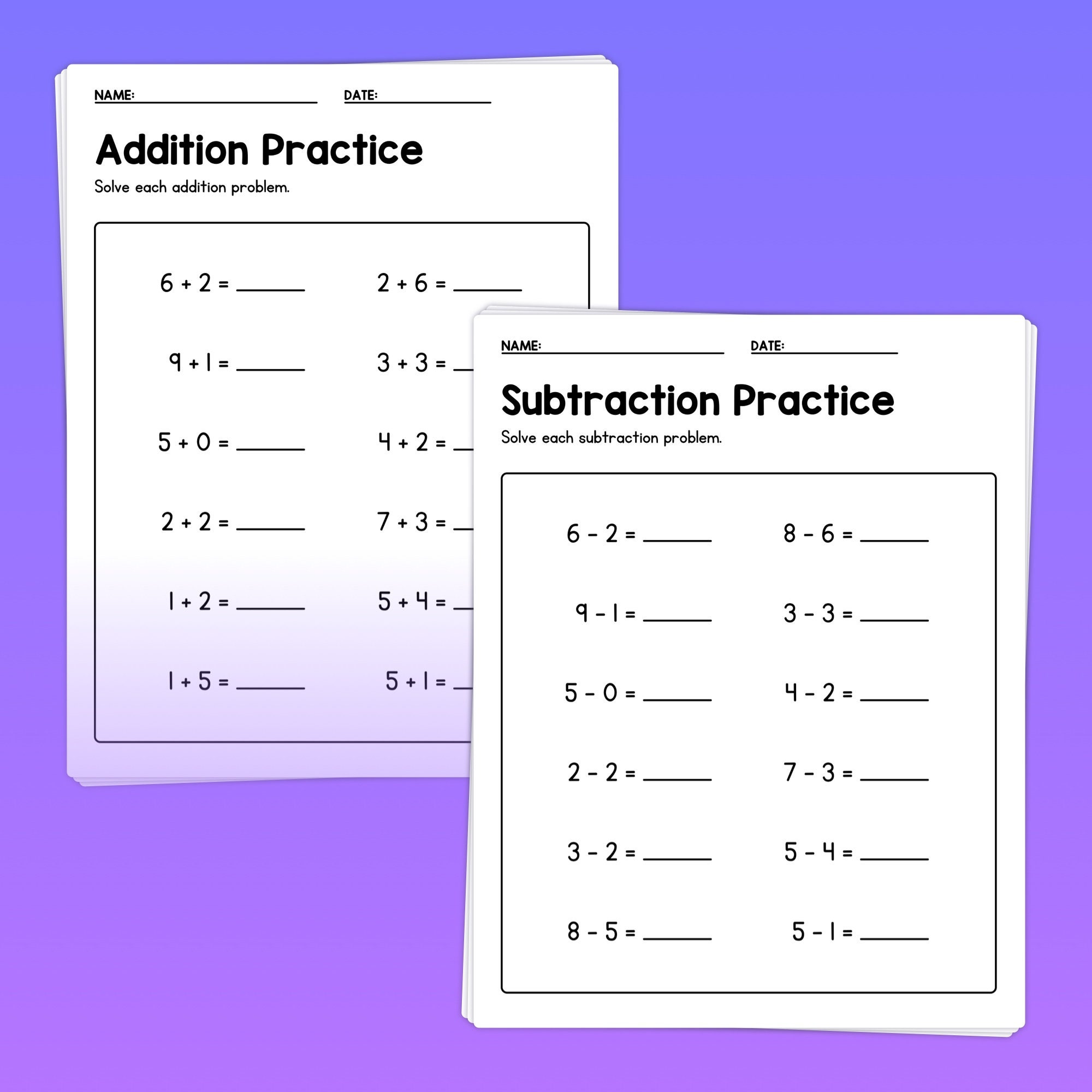 No Prep Kindergarten Addition & Subtraction Worksheets (up to 10 ...