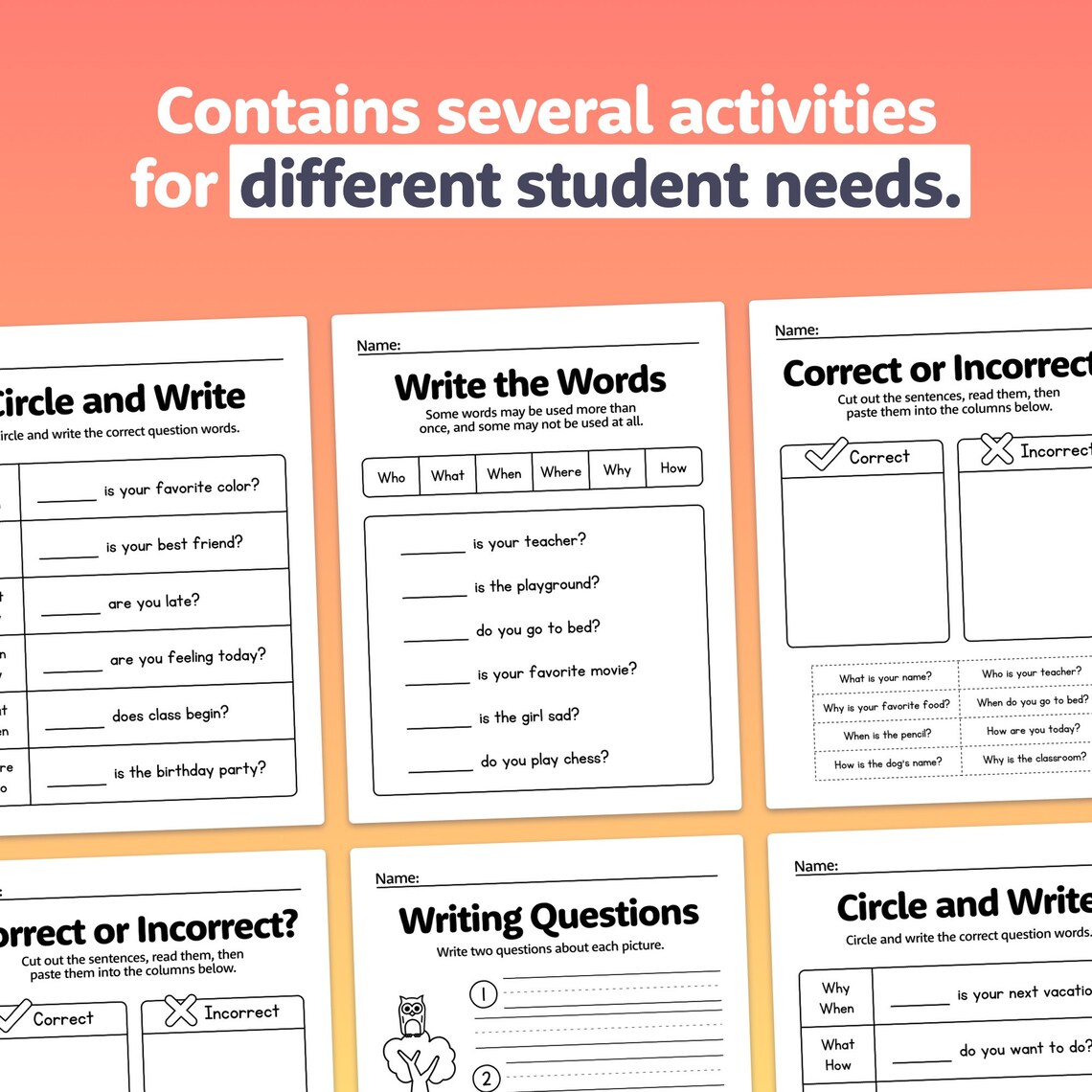 No Prep Question Words Worksheets Kindergarten, 1st, & 2nd Grade ...