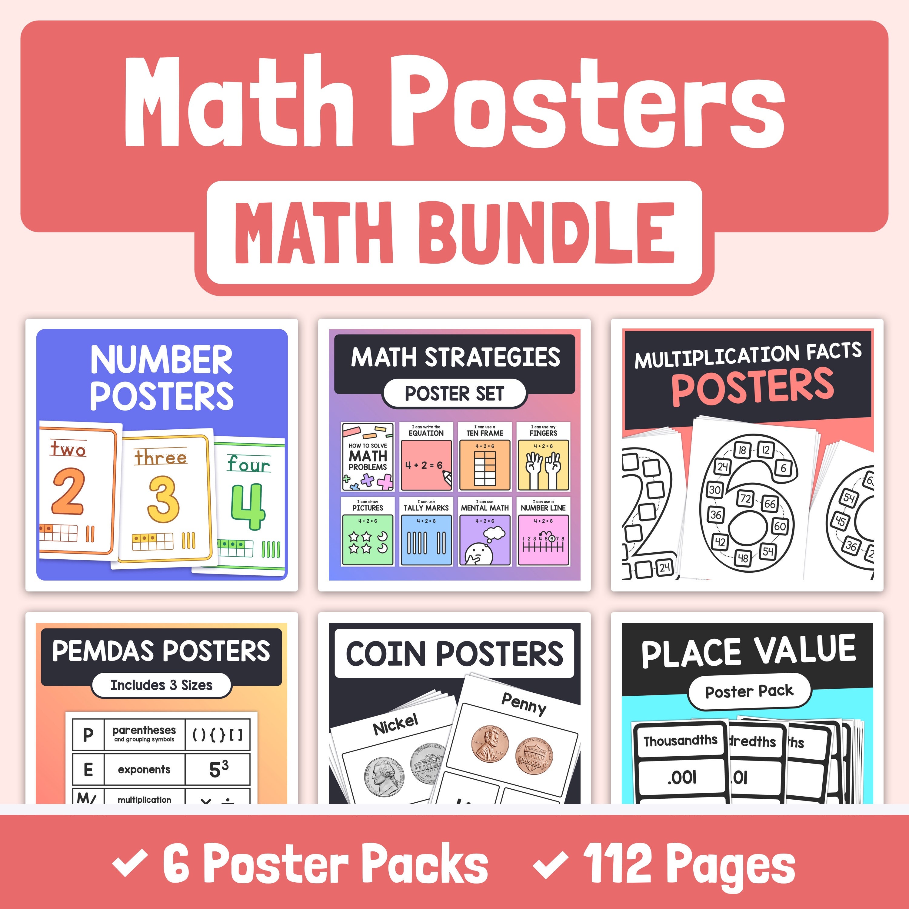 Math Posters Math Bundle | Kindergarten, 1st, 2nd, 3rd, 4th Grade Math ...