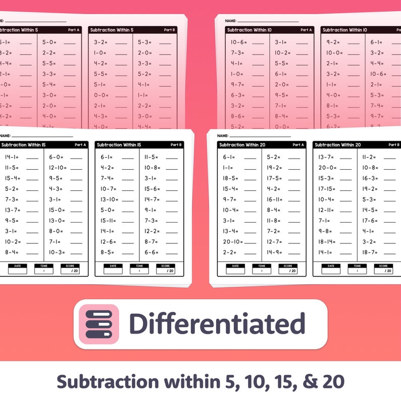 No Prep 1 Minute Subtraction Drills | Kindergarten, 1st, 2nd Grade Math ...