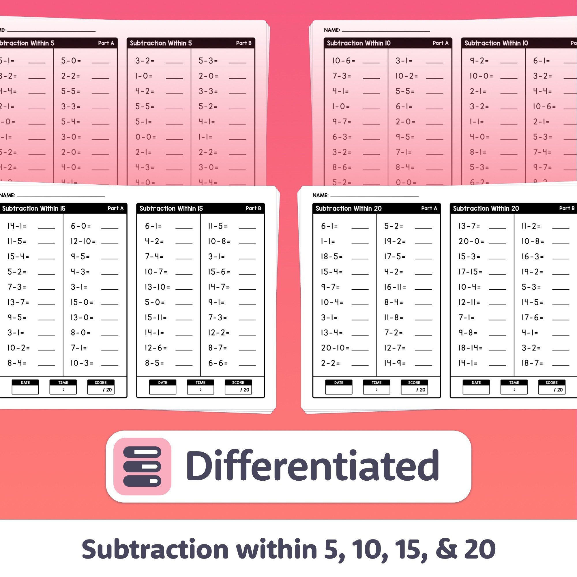 No Prep 1 Minute Subtraction Drills | Kindergarten, 1st, 2nd Grade Math ...